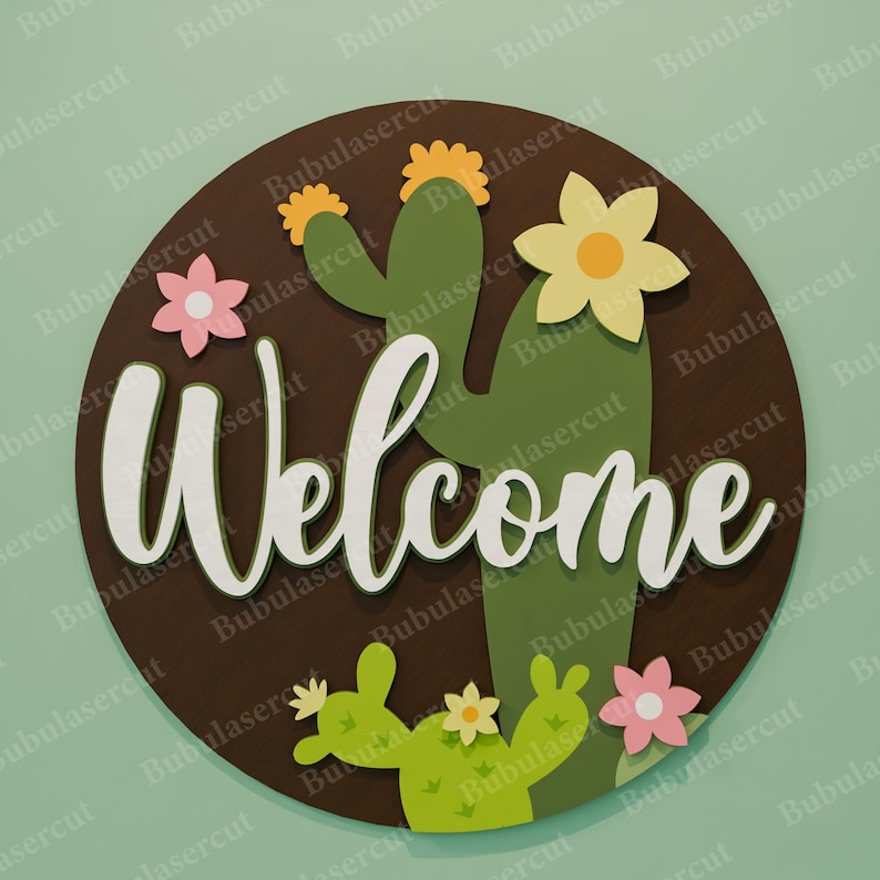Succulent Welcome Sign Set of 9, Funny Cactus Round Wood Sign Bundle ...