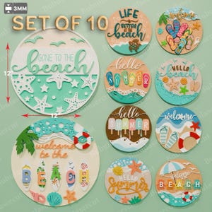 Beach Summer Round Sign SVG Bundle, 10 Coastal Door Hanger Designs ...