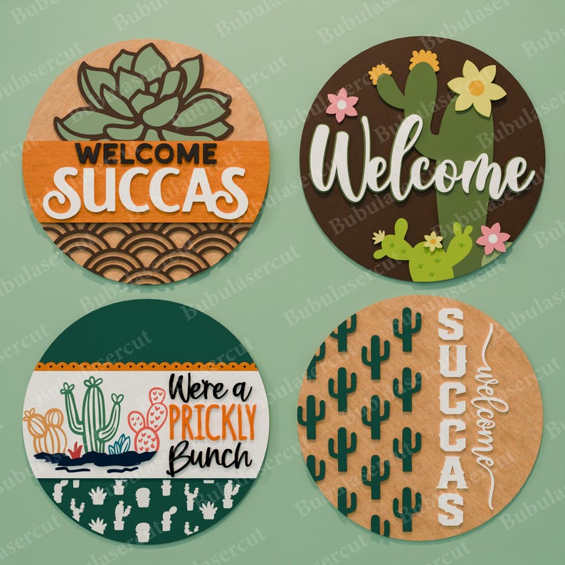 Succulent Welcome Sign Set of 9, Funny Cactus Round Wood Sign Bundle ...