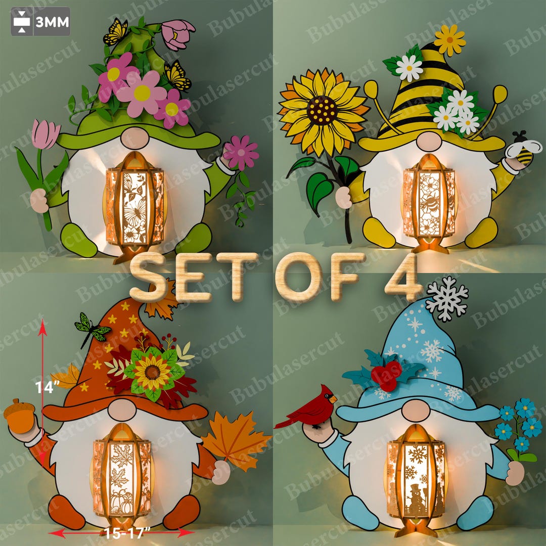 Four Seasons Gnome Lantern SVG Set, Seasonal Layered Light Box for ...