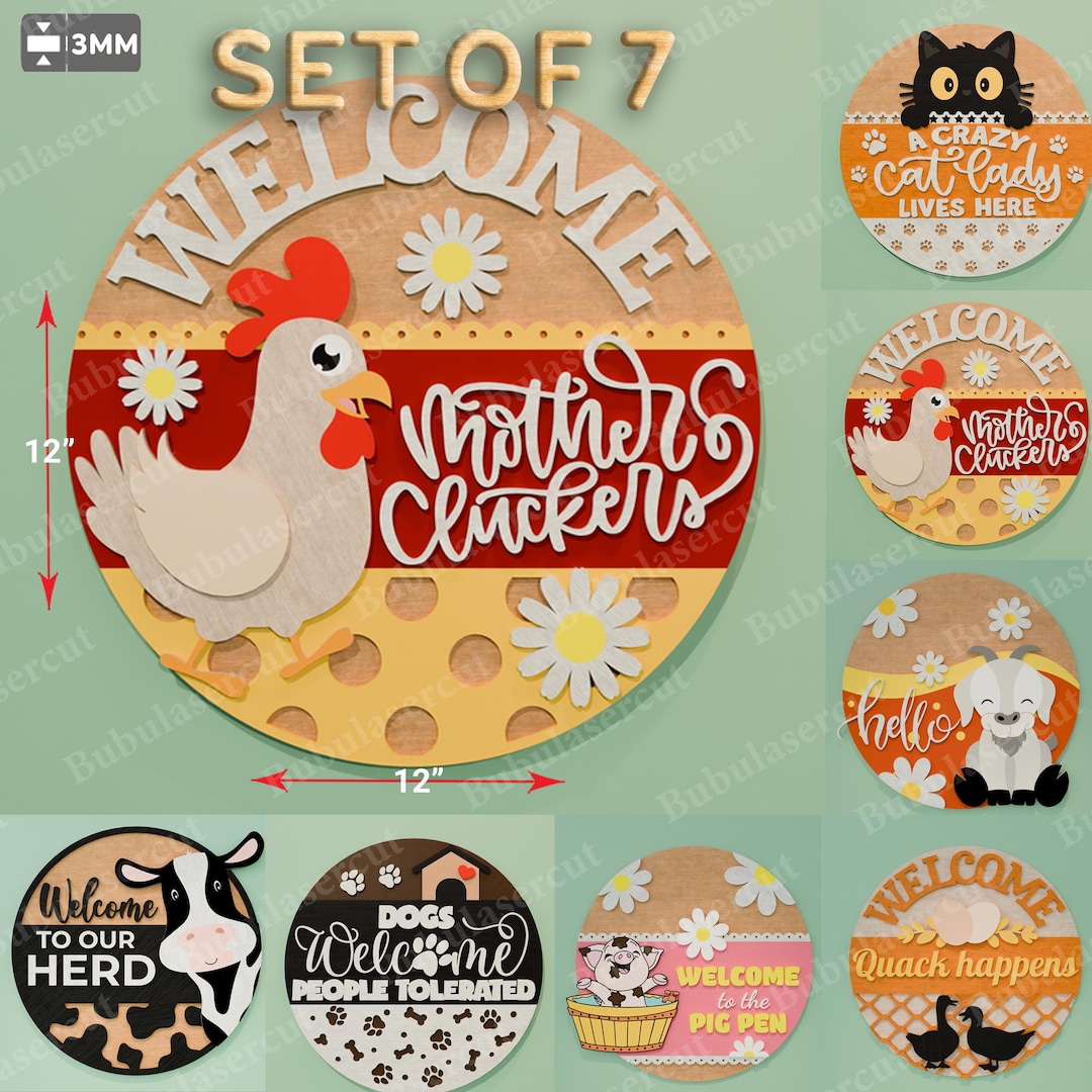 Funny Farm Animal Welcome Sign SVG, Set of 7 Round Door Signs With ...