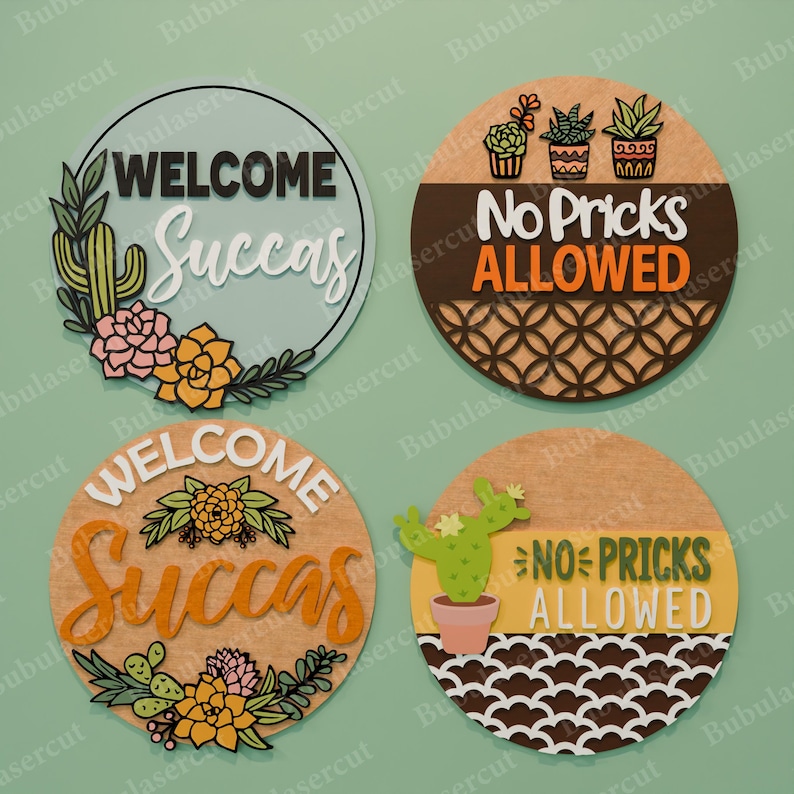 Succulent Welcome Sign Set of 9, Funny Cactus Round Wood Sign Bundle ...