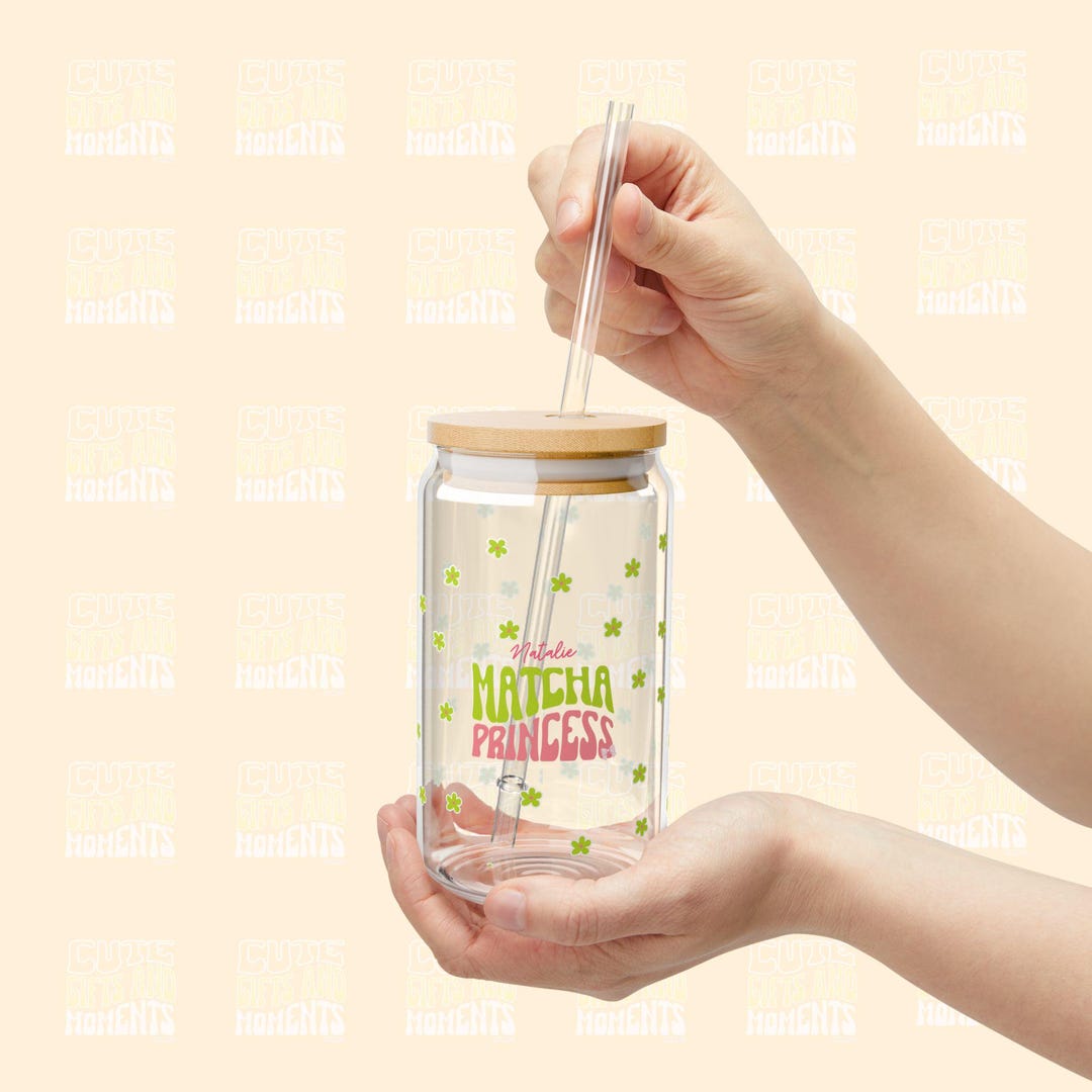 Personalized Matcha Princess Glass Cup With Lid and Straw, Custom Name ...