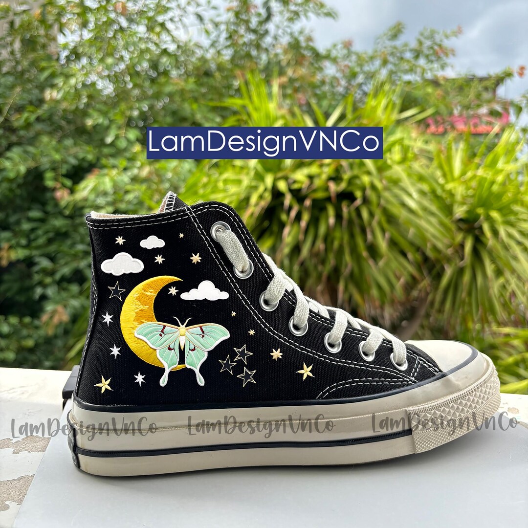Luna Moth Embroidery Converse, Custom Name Hand Embroidered Sneakers ...