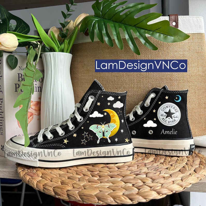 Moon Moth Folk Hand Embroidery Sneakers, Custom Hand Embroidered ...