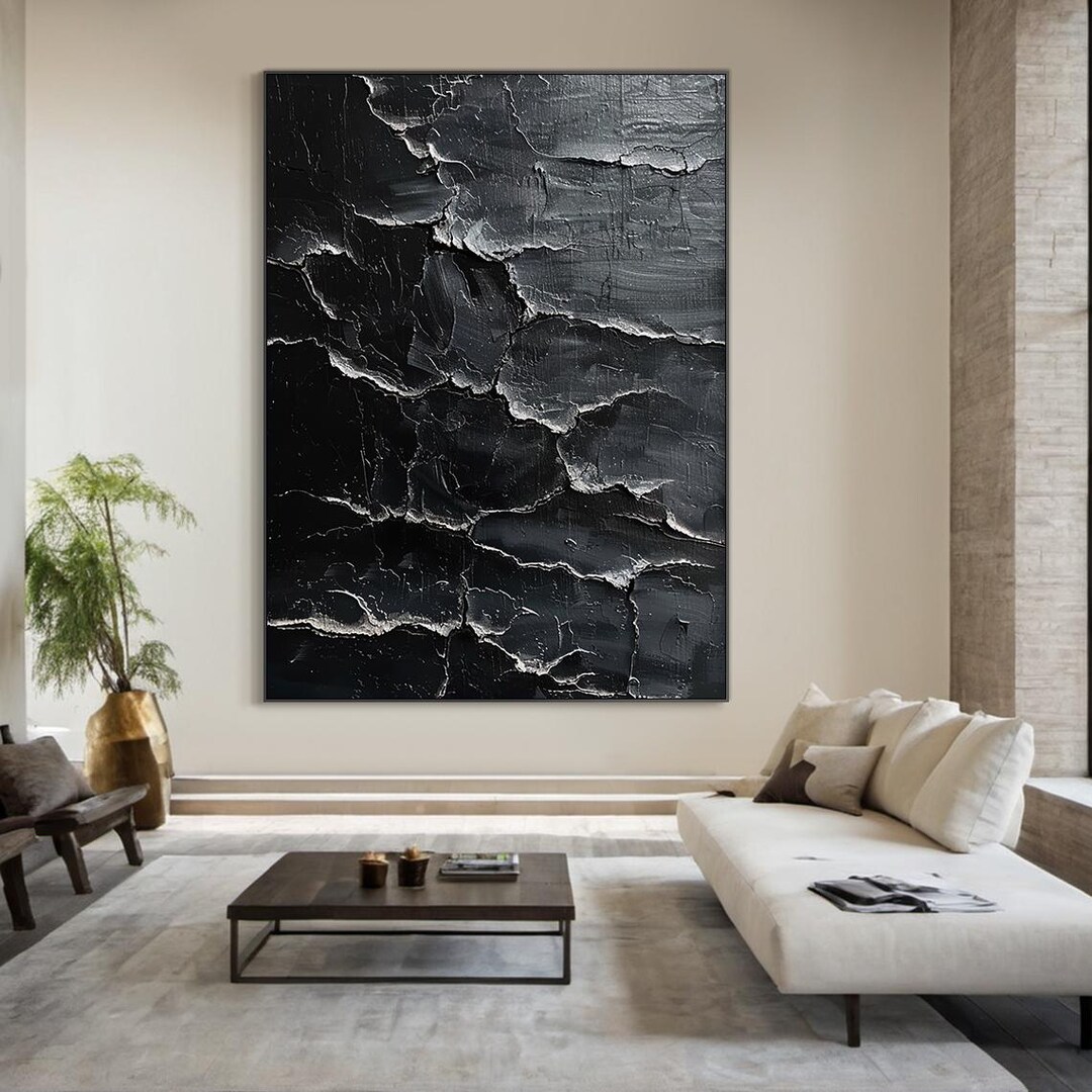 Large Black Abstract Oil Painting, Black Minimalist Wall Art, Black ...