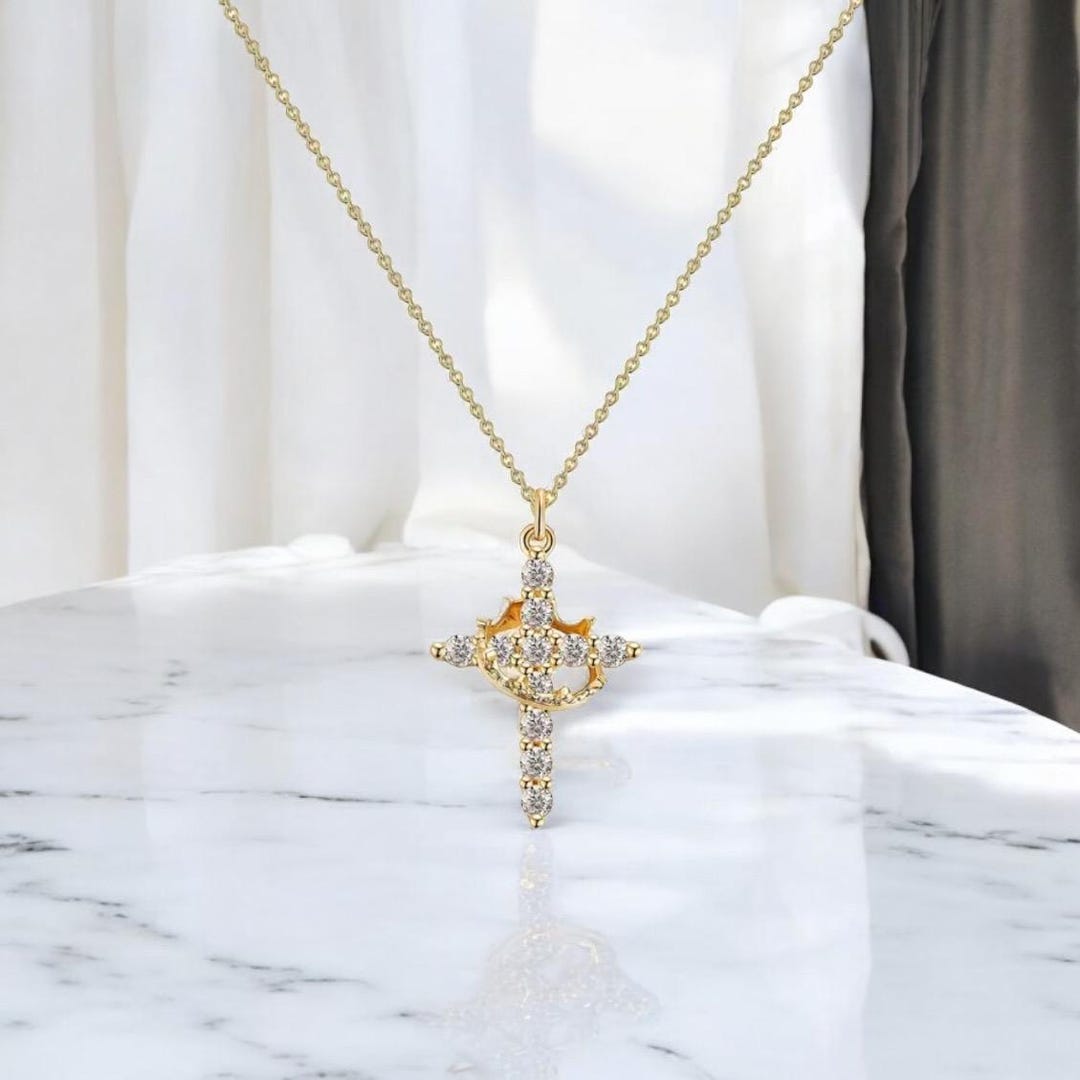 18K Gold Plated Crown Cross Necklace for Women Simple Elegant Cross ...
