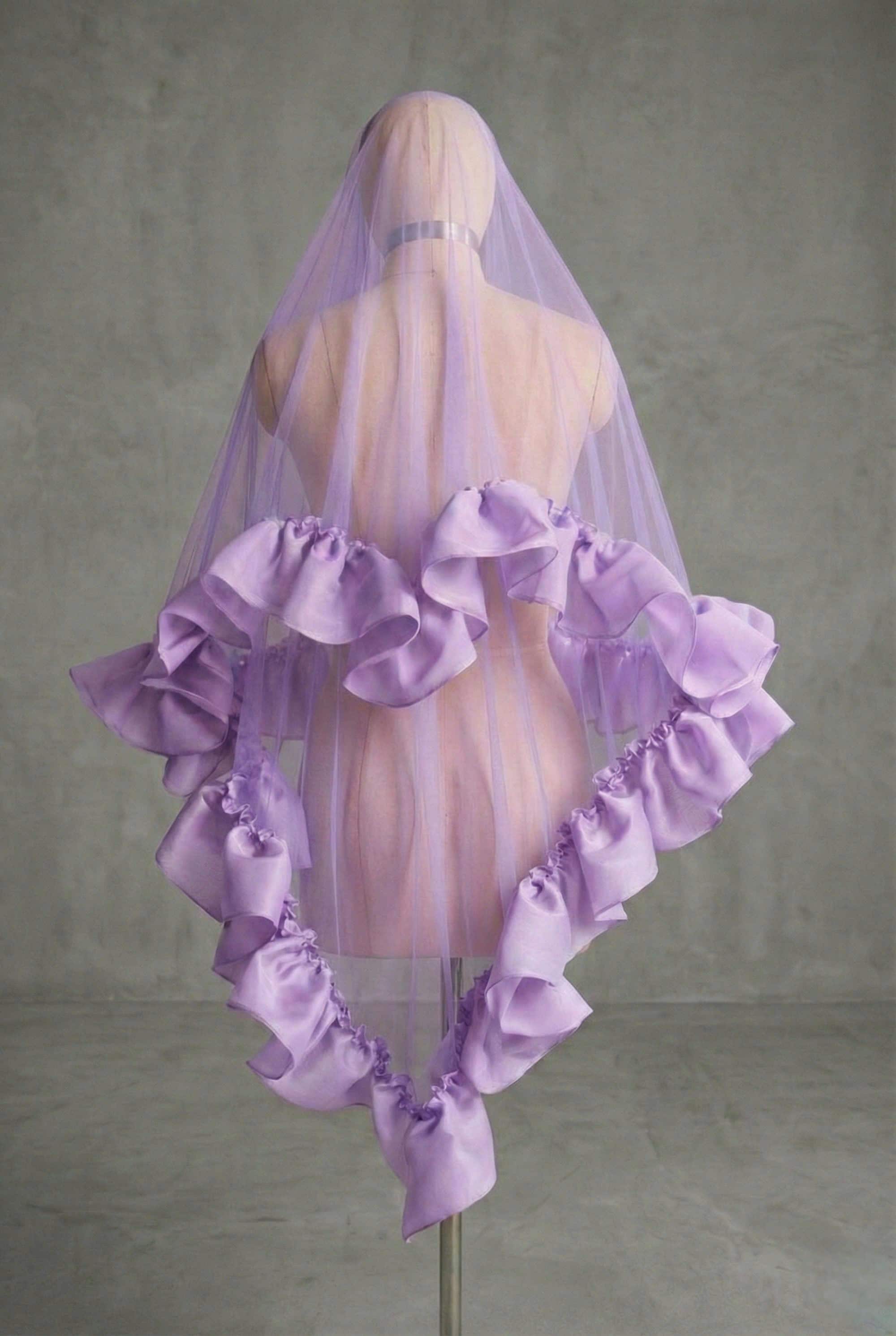 Romantic Pink Ruffled Bridal Veil, Heart-shaped Statement Veil, Heart ...