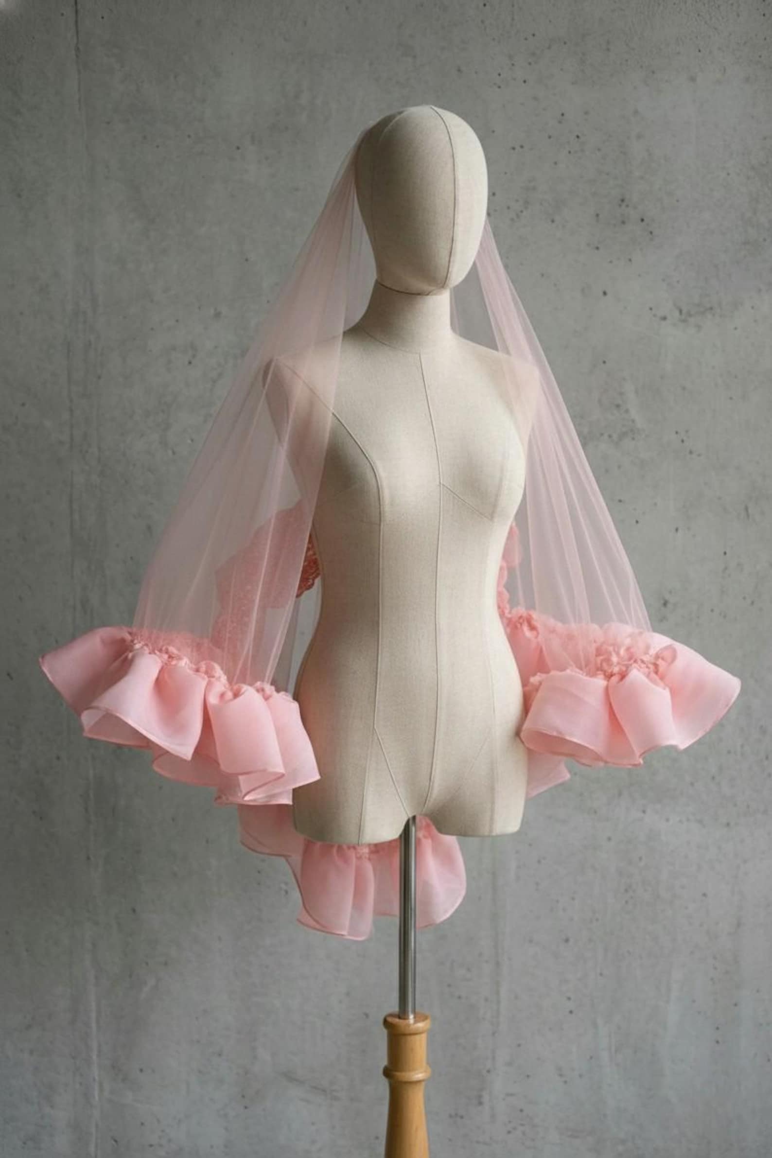 Romantic Pink Ruffled Bridal Veil, Heart-shaped Statement Veil, Heart ...