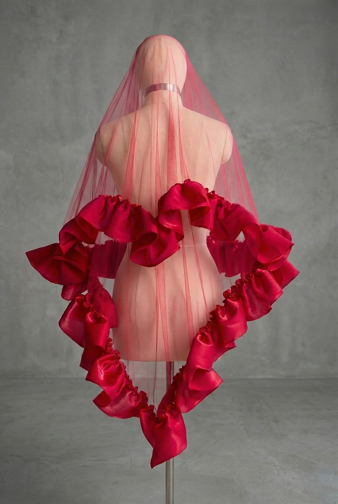 Red Organza Ruffle Heart Veil, Couture Statement Bridal Veil, Handmade ...