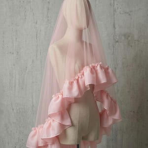 Romantic Pink Ruffled Bridal Veil, Heart-shaped Statement Veil, Heart ...