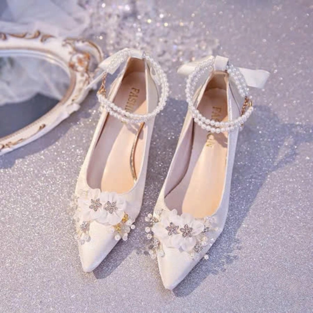 Party Shoes 3cm High Heel Wedding Shoes Pointed Heel With Pearl Flower ...