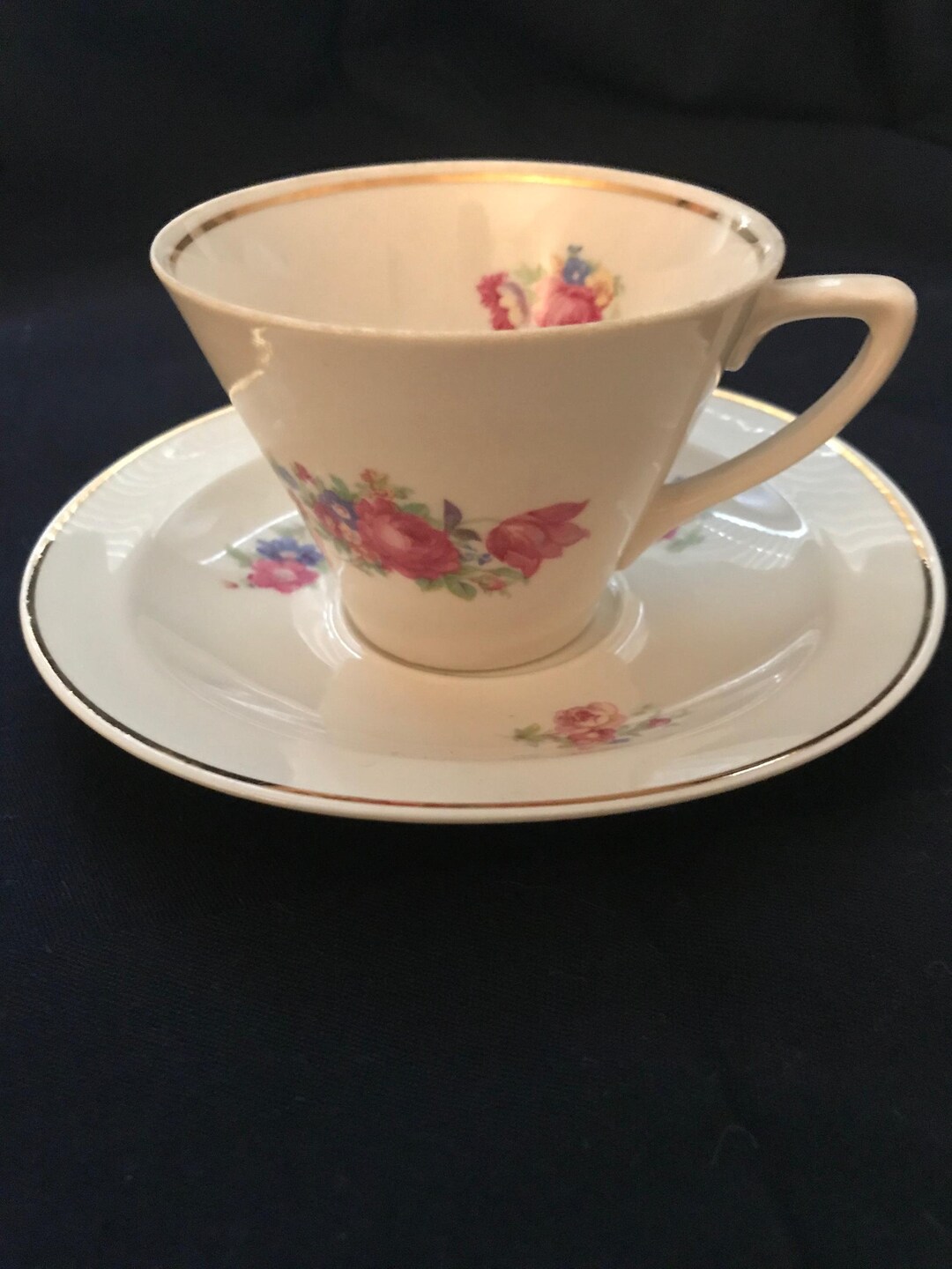 Chodziez of Poland 1926-1940s Porcelain Demitasse Cup and Saucer. Cream With Pink and Blue ...