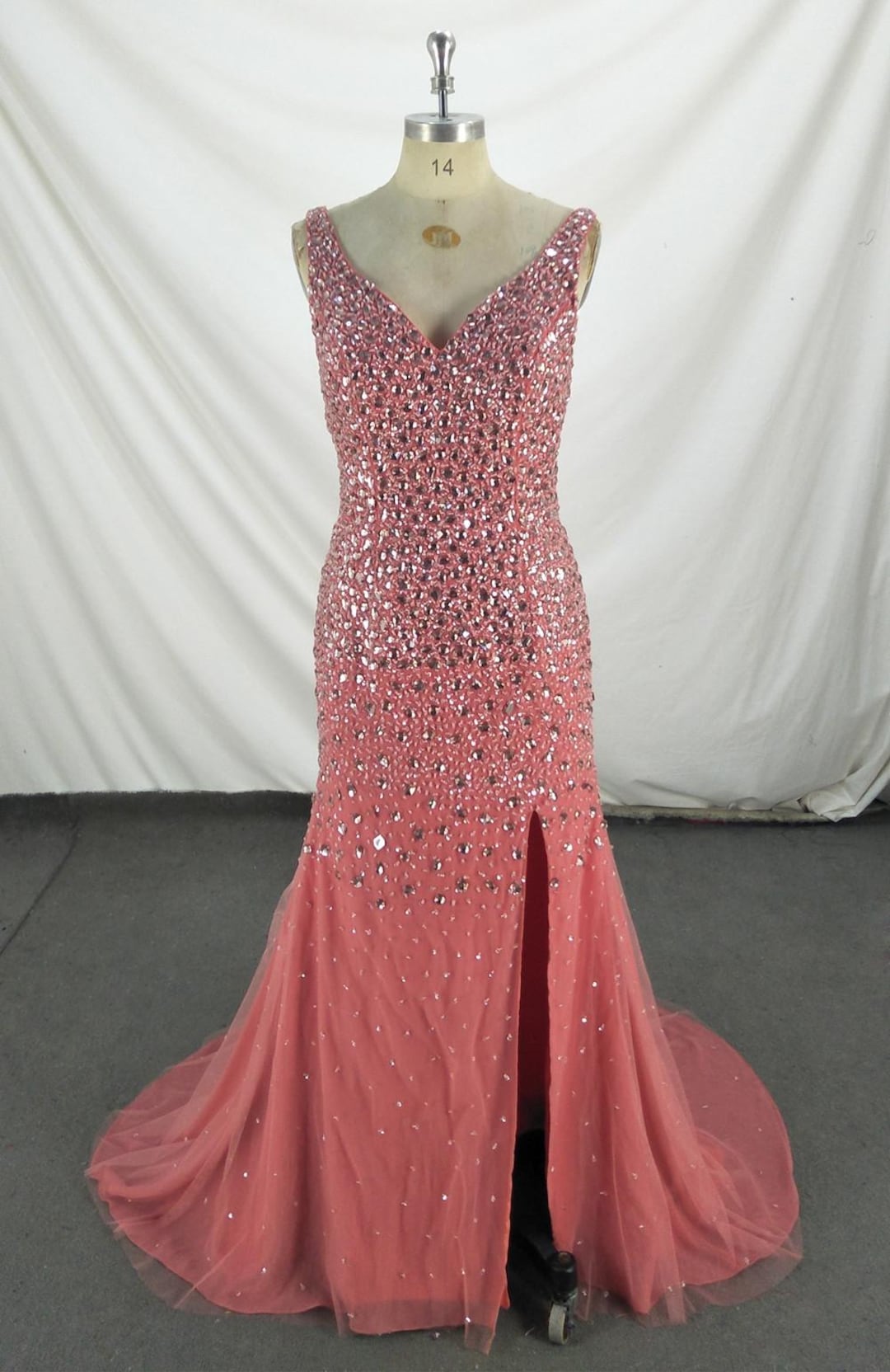 Elegant Long Coral Prom Dress Side Slit, Rhinestone Beaded Prom Dress ...