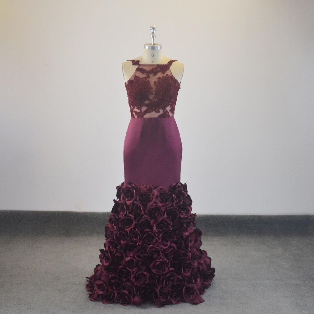 Junior Prom Dresses Mermaid Long, Floral Satin Maroon Prom Dresses ...