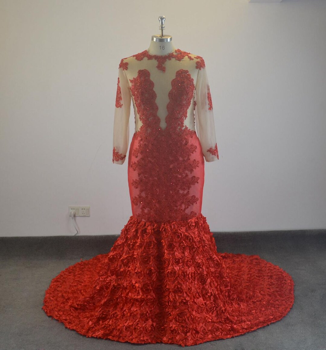 3D Floral Red Prom Dress Mermaid, Long Sleeve Formal Dresses, Illusion ...