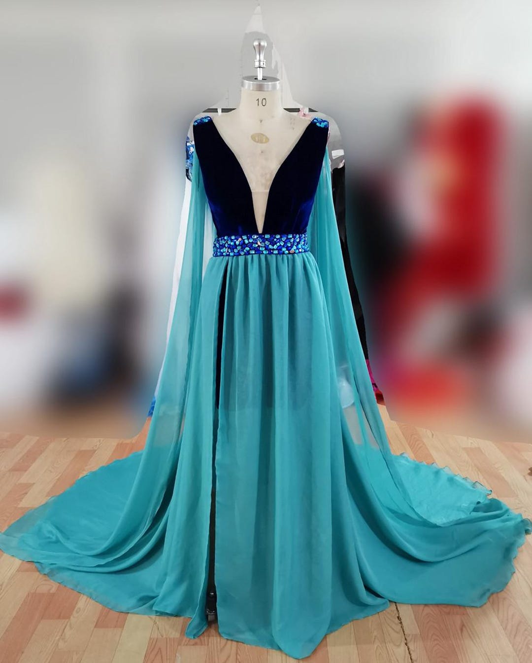 Turquoise Prom Dress Long, Velvet Prom Dresses With Slit, Princess ...
