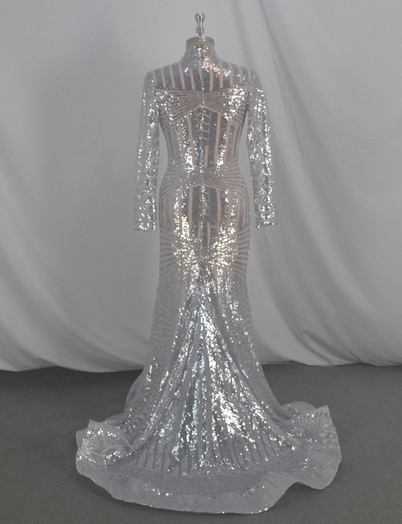 Sparkly Silver Prom Dress, Long Sleeve Prom Dresses Mermaid, Custom ...
