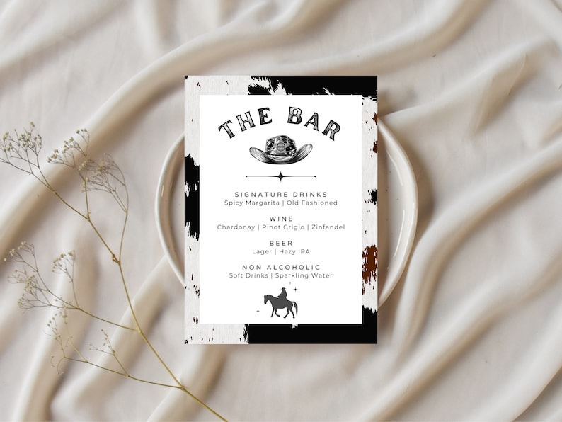 Western Bar Menu Template, Western Themed Drink Menu for Wedding or ...