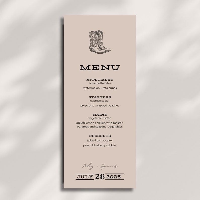 Western Wedding Menu Template, Instant Download Double-sided Wedding ...
