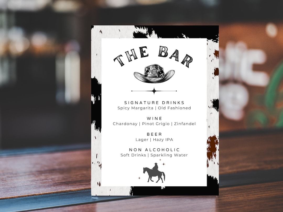 Western Bar Menu Template, Western Themed Drink Menu for Wedding or ...