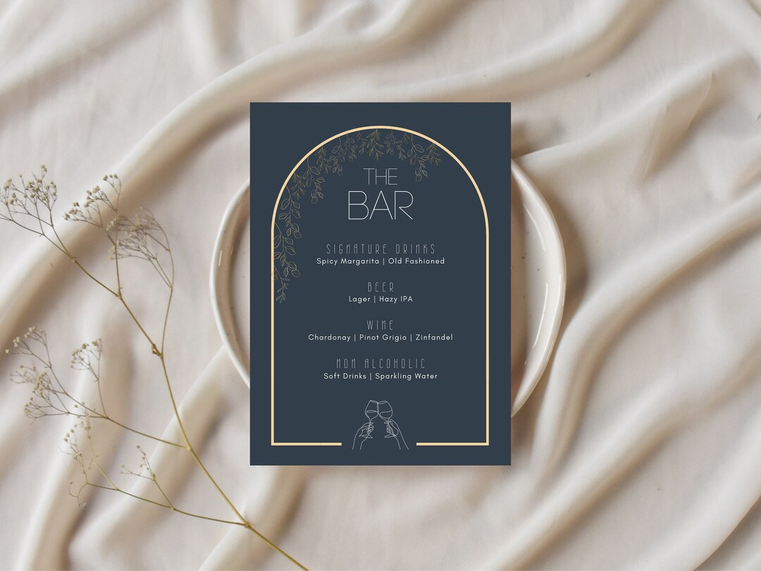 Modern Wedding Bar Menu Template, Editable Blue and Gold Bar Menu ...
