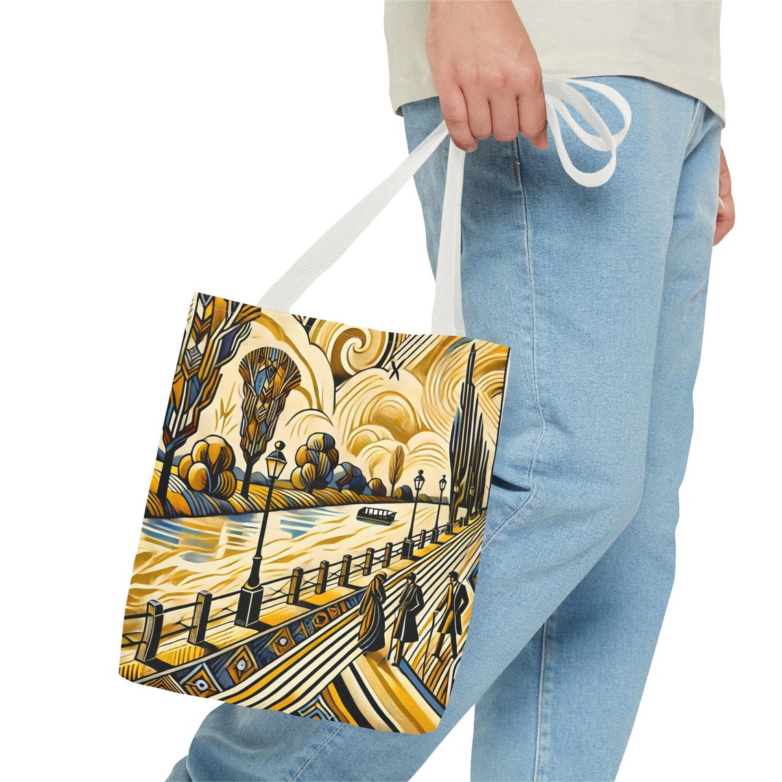 Van Gogh Inspired River Scene Tote Bag - Art Deco Design, Customizable ...