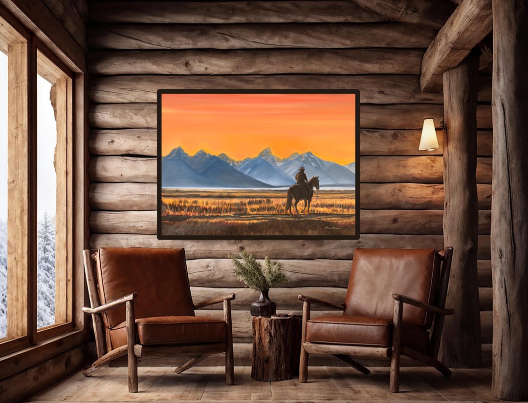 Cowboy Mountain Canvas, Cowboy Sunset Art, Mountain Sunset Canvas ...