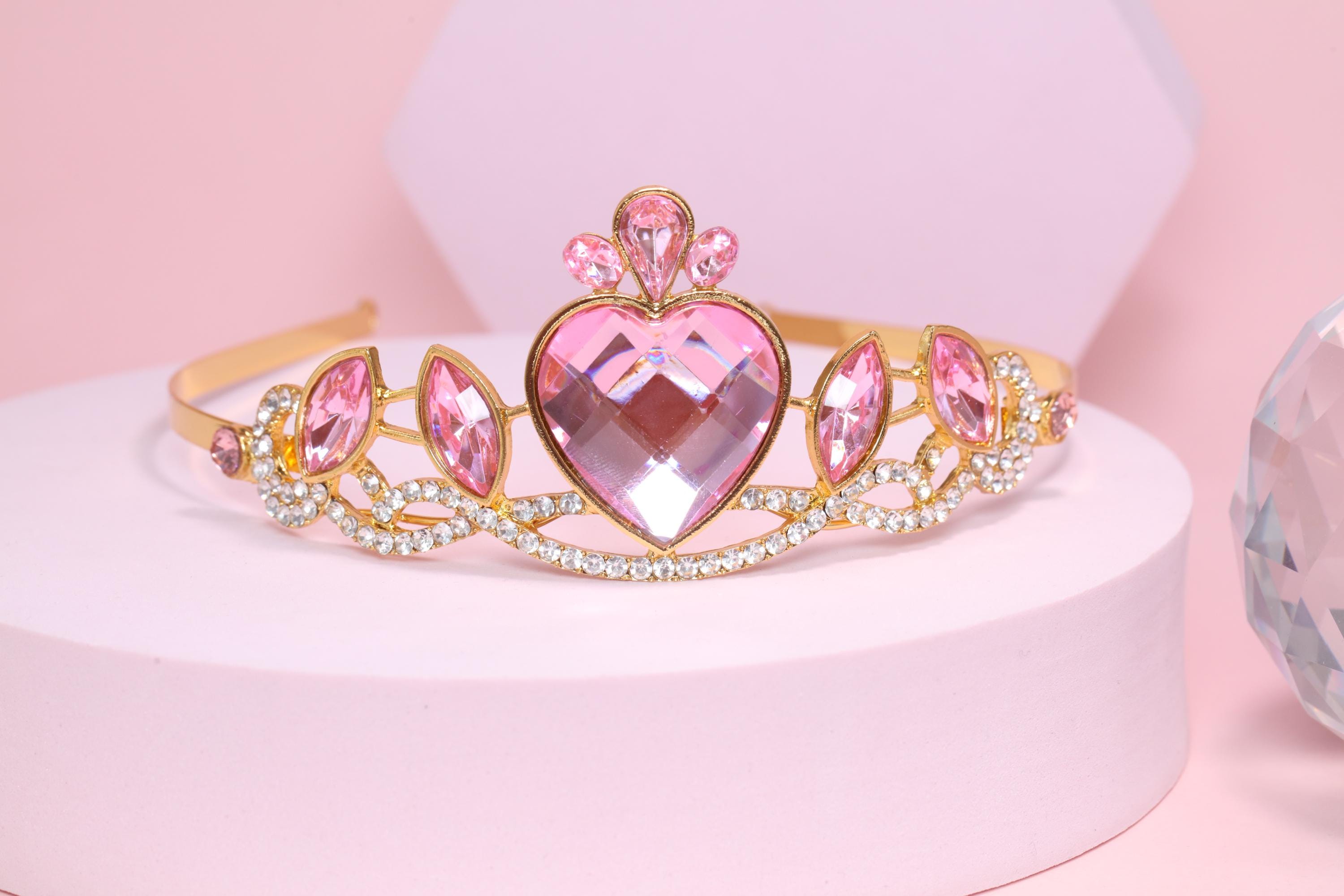 Pink Peach Heart Princess Tiara for Girls Kids Acrylic Diamond Crown ...