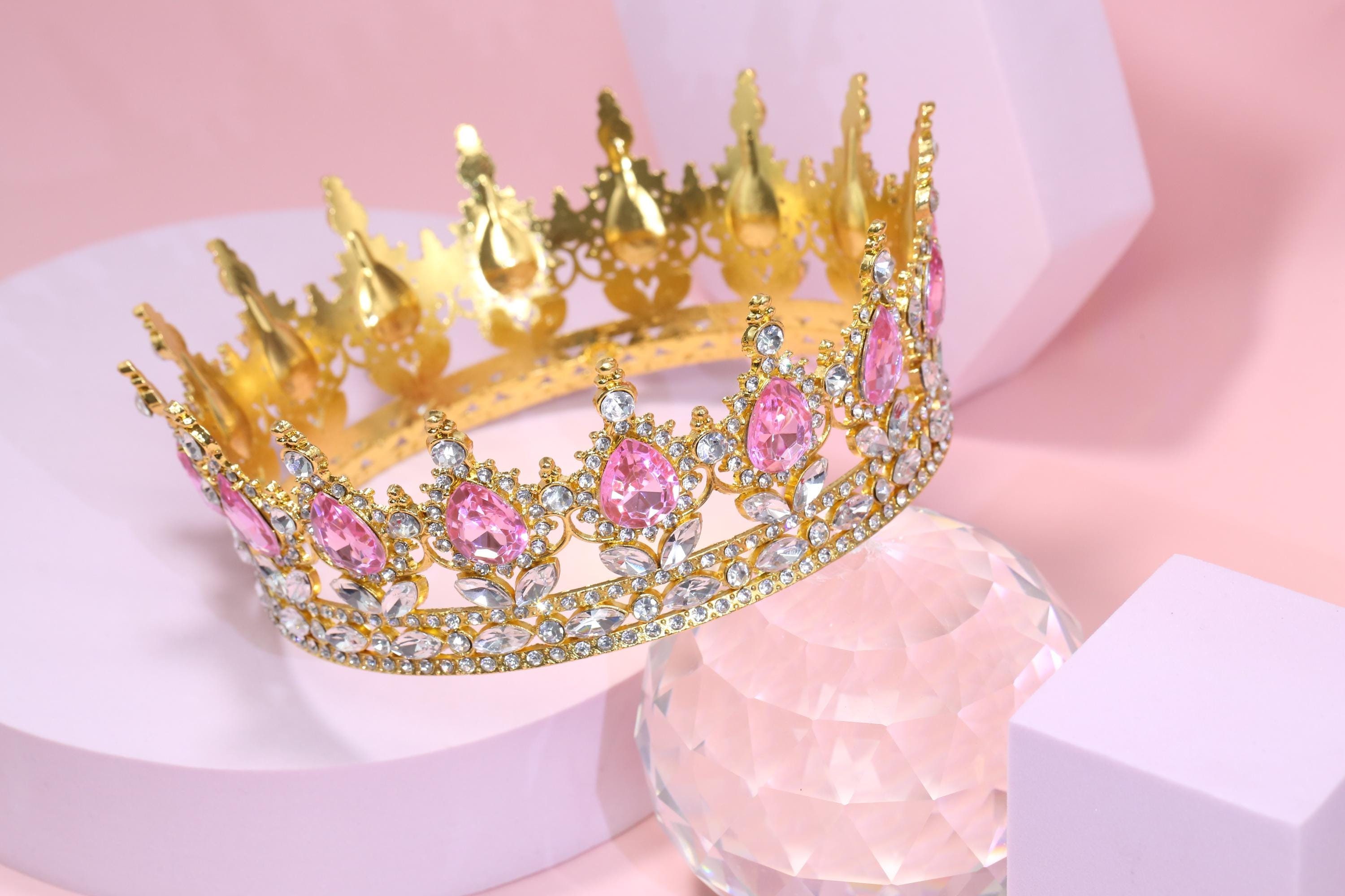 Pink Crystal Baroque Tiara Queen Costume Wedding Prom Birthday Pageant ...
