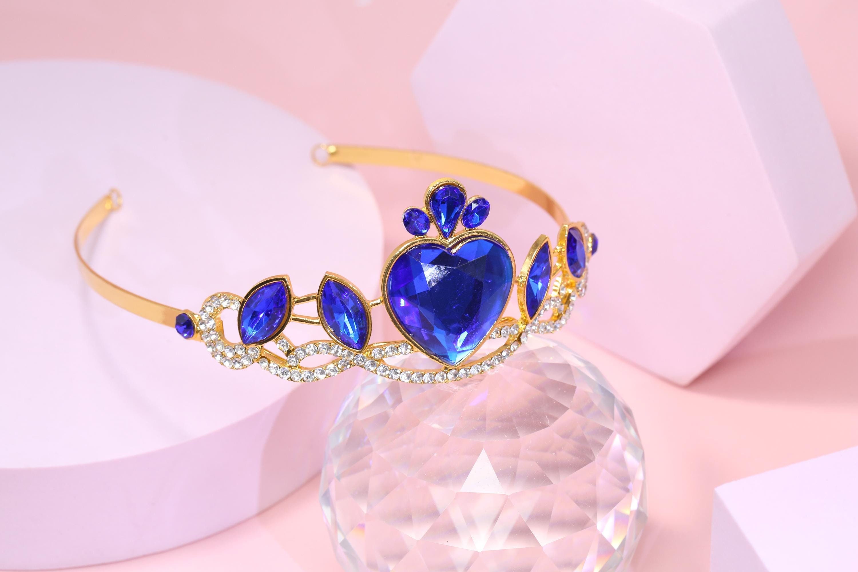 Blue Peach Heart Princess Tiara for Girls Kids Acrylic Diamond Crown ...