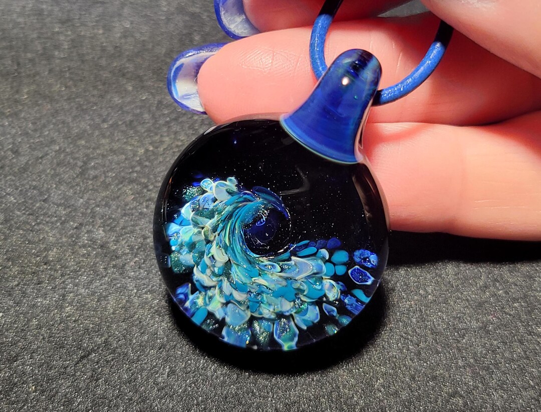 Blue Wave Pendant, Large Hand Blown Glass Implosion Necklace, Under the ...