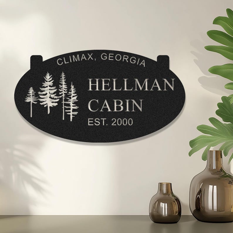 Custom Oval Metal Evergreen Sign, Personalized Metal Cabin Name Sign ...