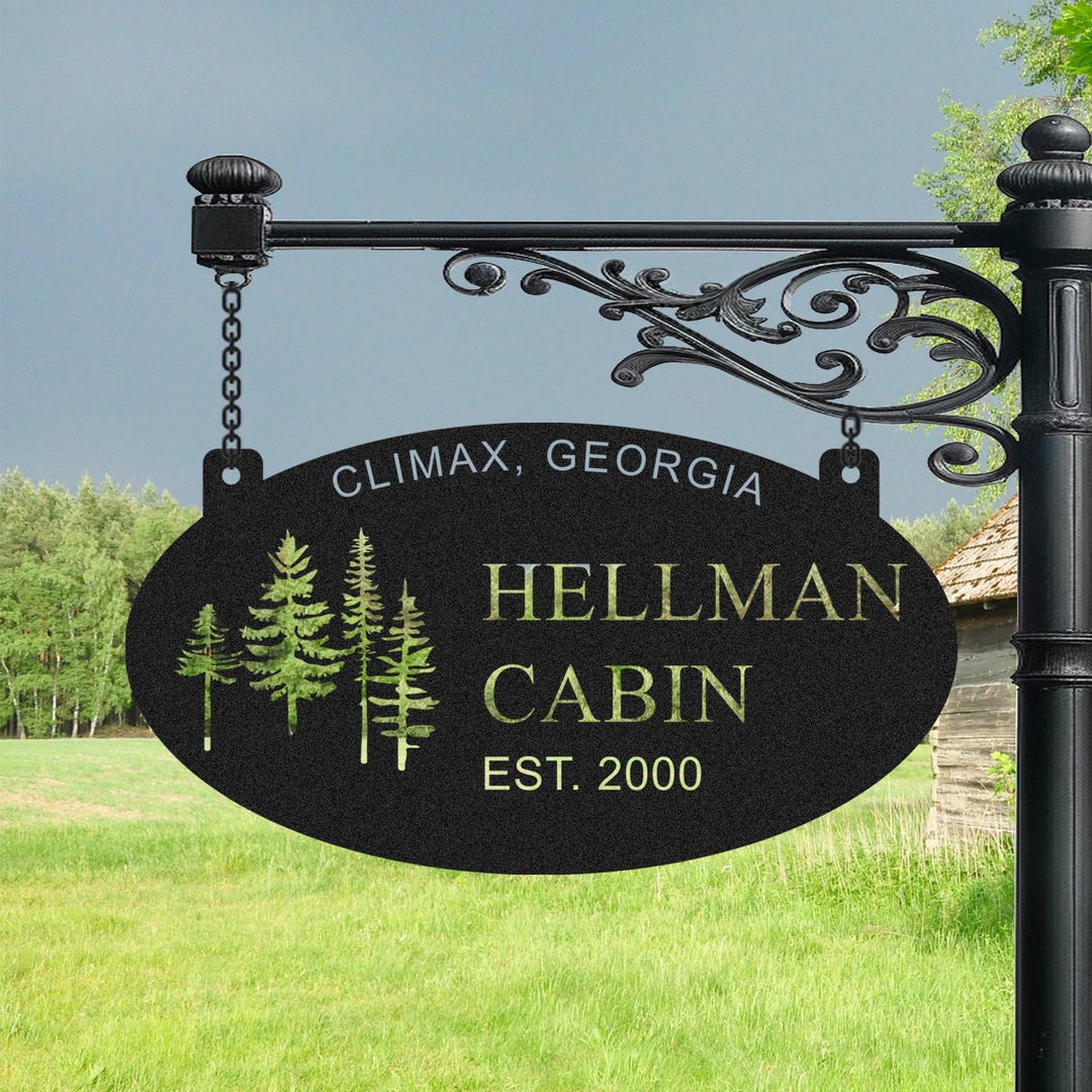 Custom Oval Metal Evergreen Sign, Personalized Metal Cabin Name Sign ...