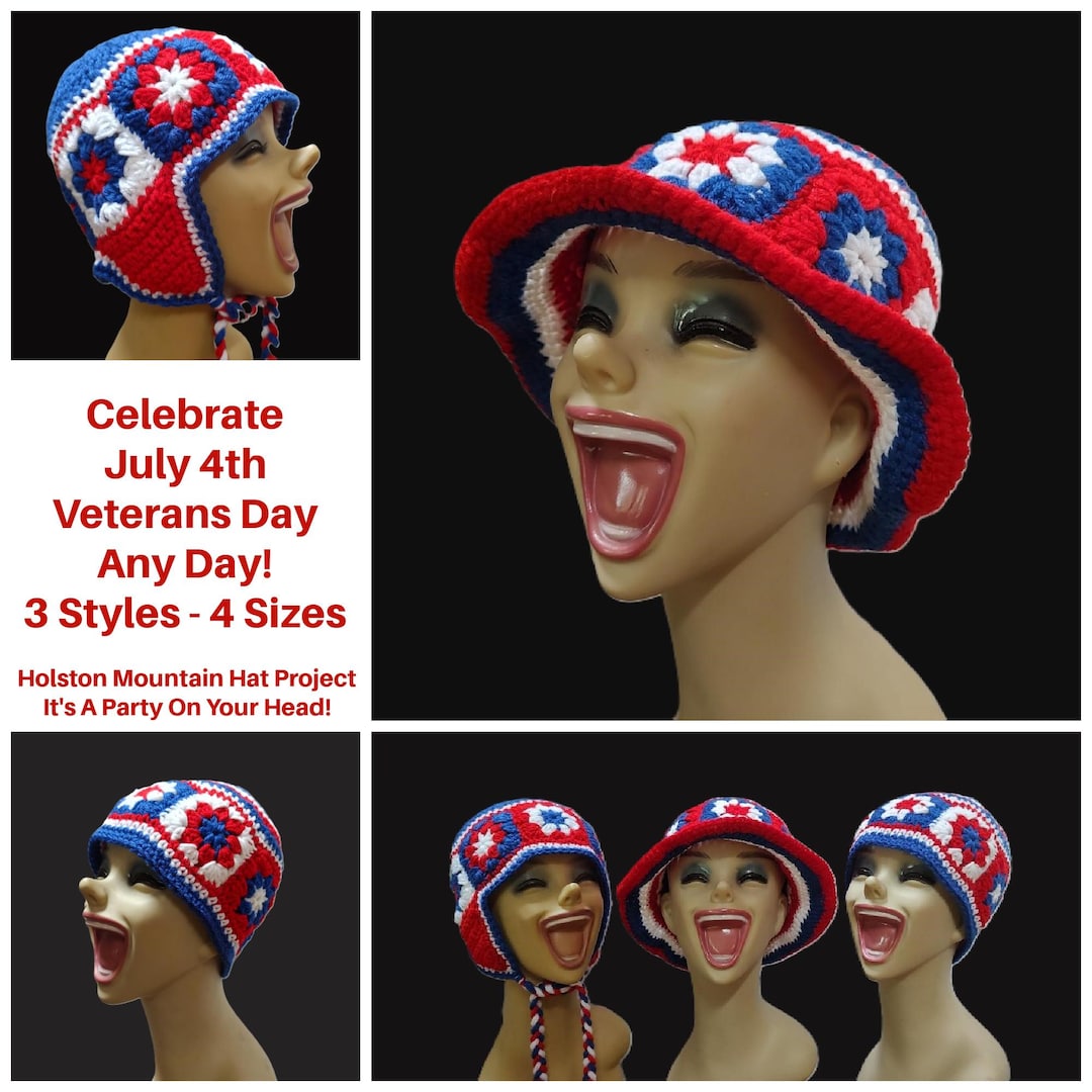 Handmade July 4th Hat in Red White & Blue With Granny Squares. Bucket ...