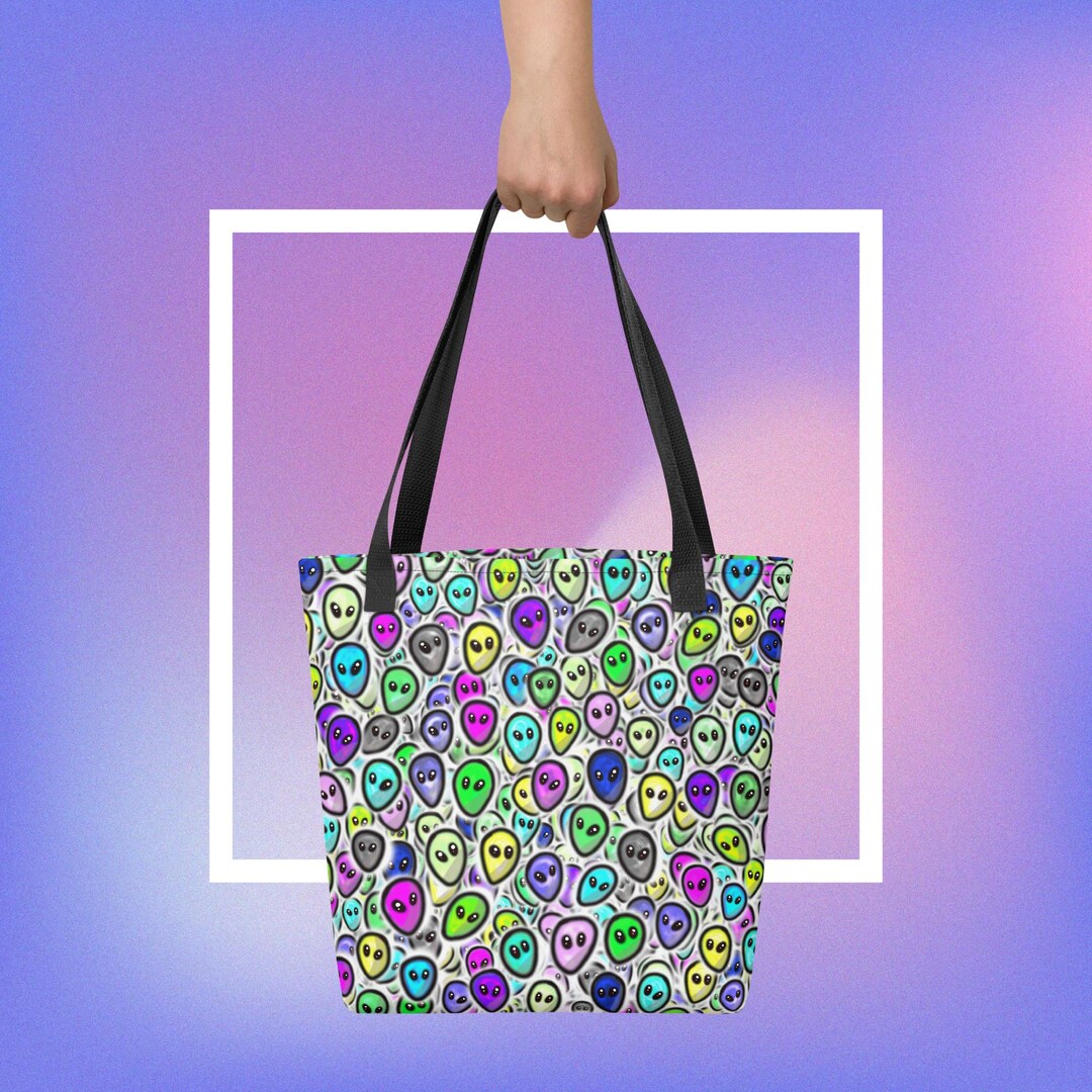 Rainbow Alien Tote Bag, Sci-fi Theme Accessory, Weird Handbag, Geeky ...
