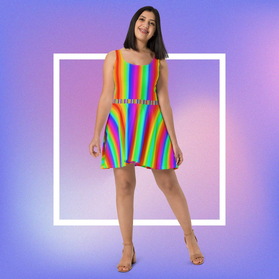 Rainbow Stripe Skater Dress, LGBTQ Pride Outfit, Colorful Style, Vivid ...