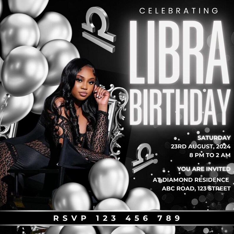 Libra Birthday Flyer, Birthday Girl, Birthday Template, Party Flyer ...