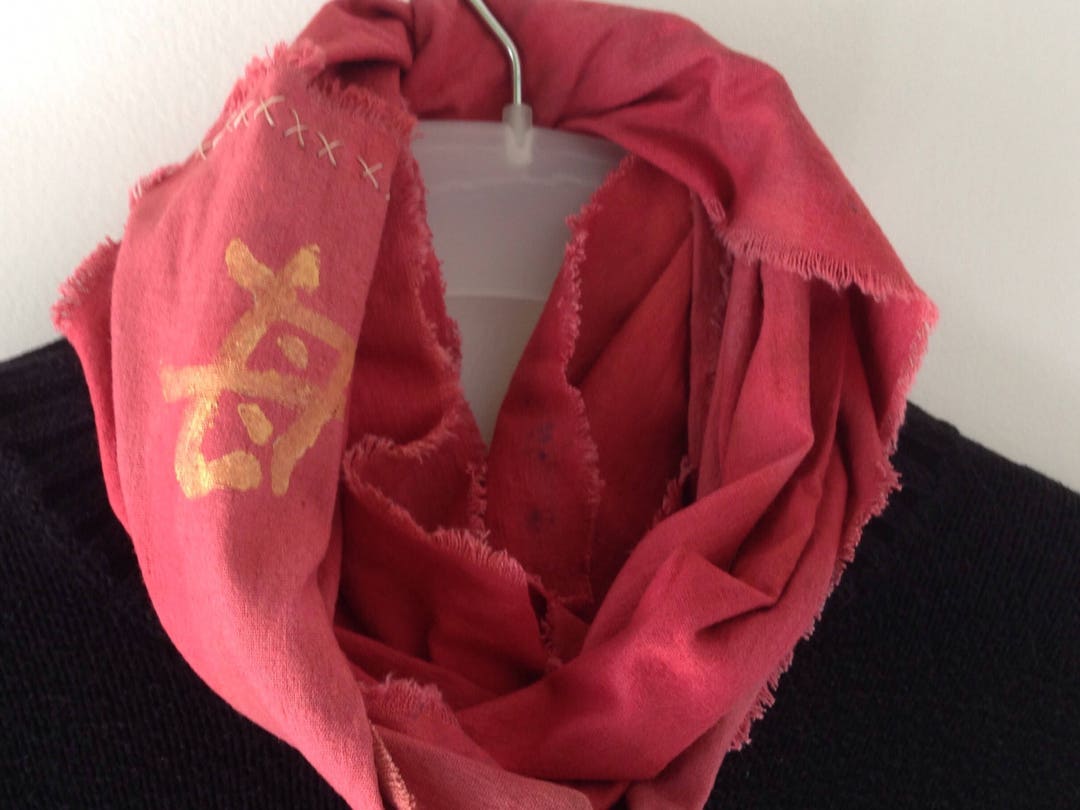 Tribal Scarf, Japanese Kanji Symbol, Long Tie Dyed Red Cotton Infinity ...