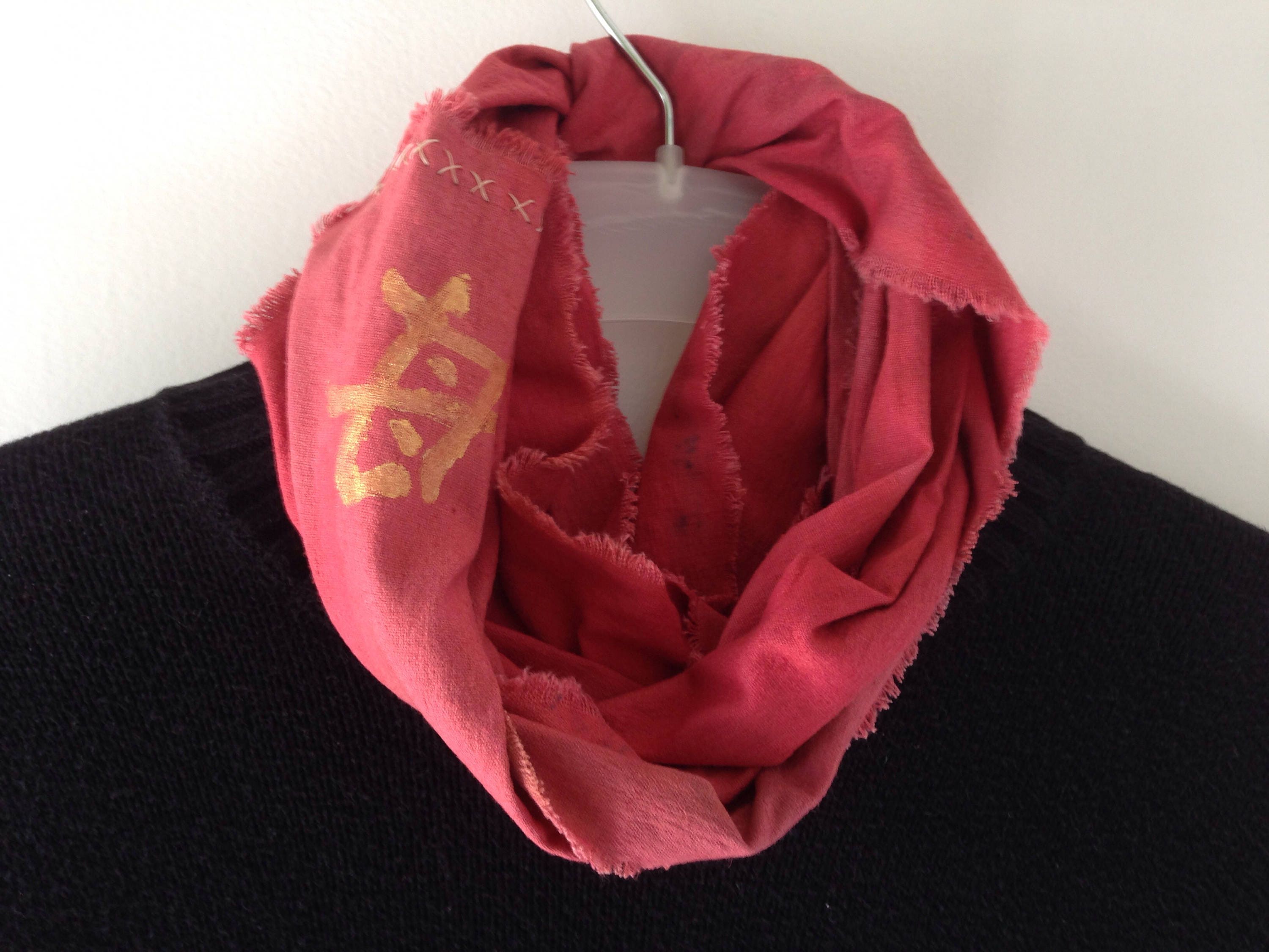 Tribal Scarf, Japanese Kanji Symbol, Long Tie Dyed Red Cotton Infinity ...
