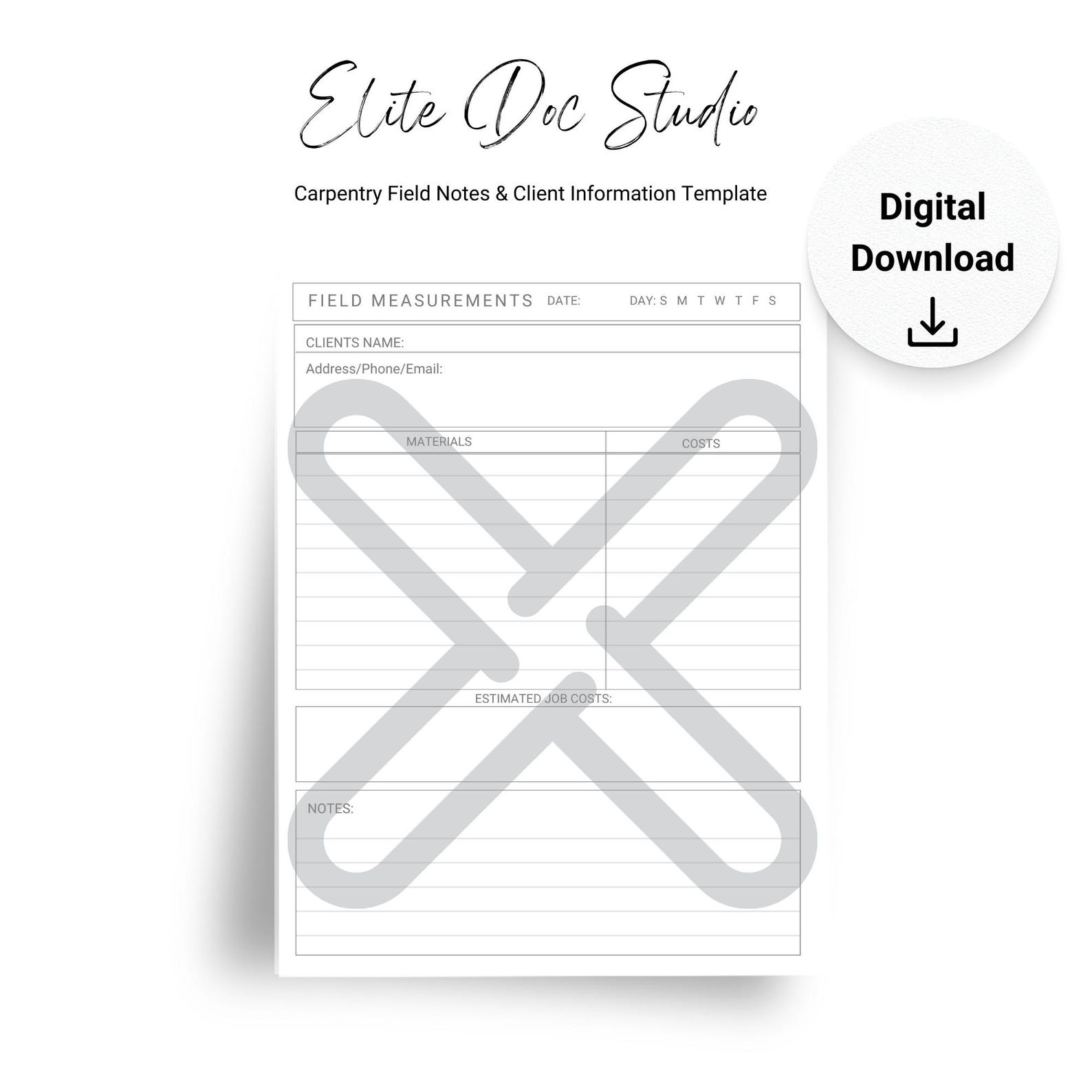 Carpentry Field Notes Template: Client Information, Costs (digital ...