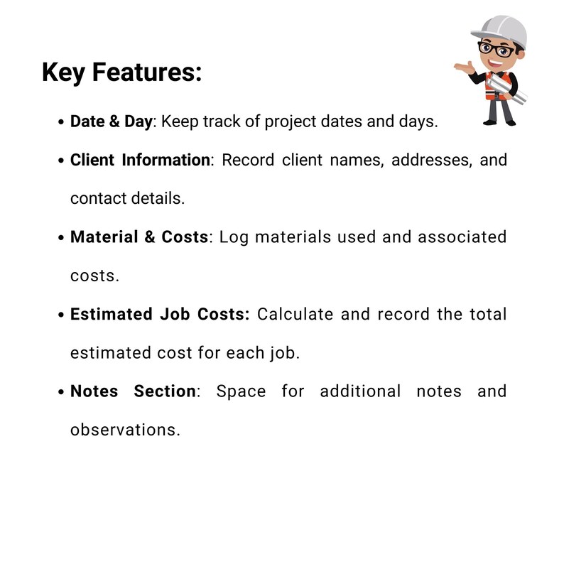 Carpentry Field Notes Template: Client Information, Costs (digital ...