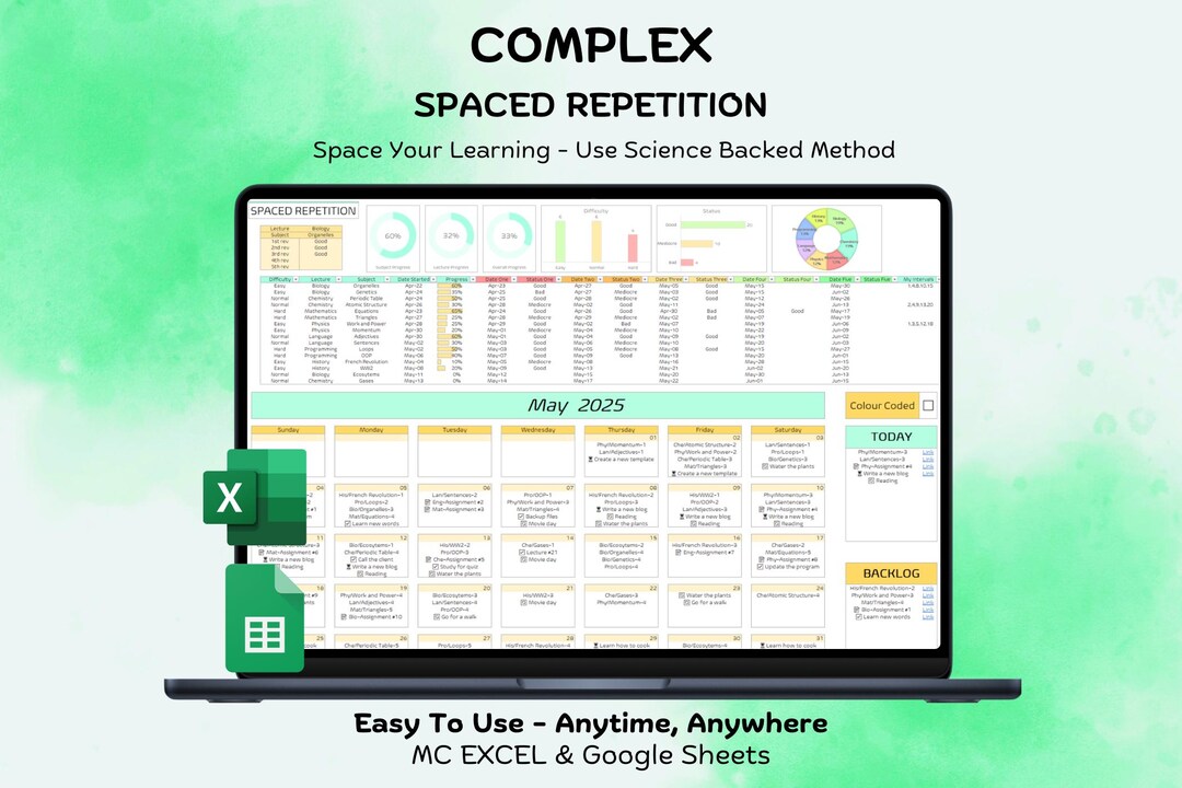 Spaced Repetition Student Planner Google Sheets Excel Digital Template Study Planner Template ...
