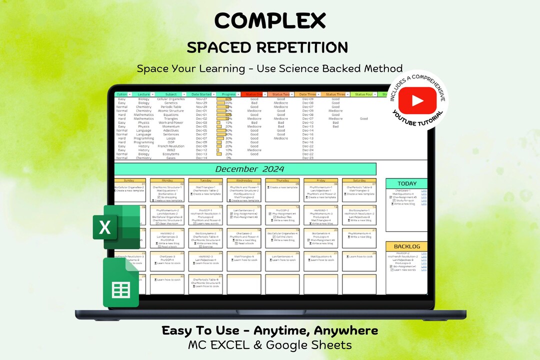 Spaced Repetition Student Planner Google Sheets Excel Digital Template Study Planner Template ...