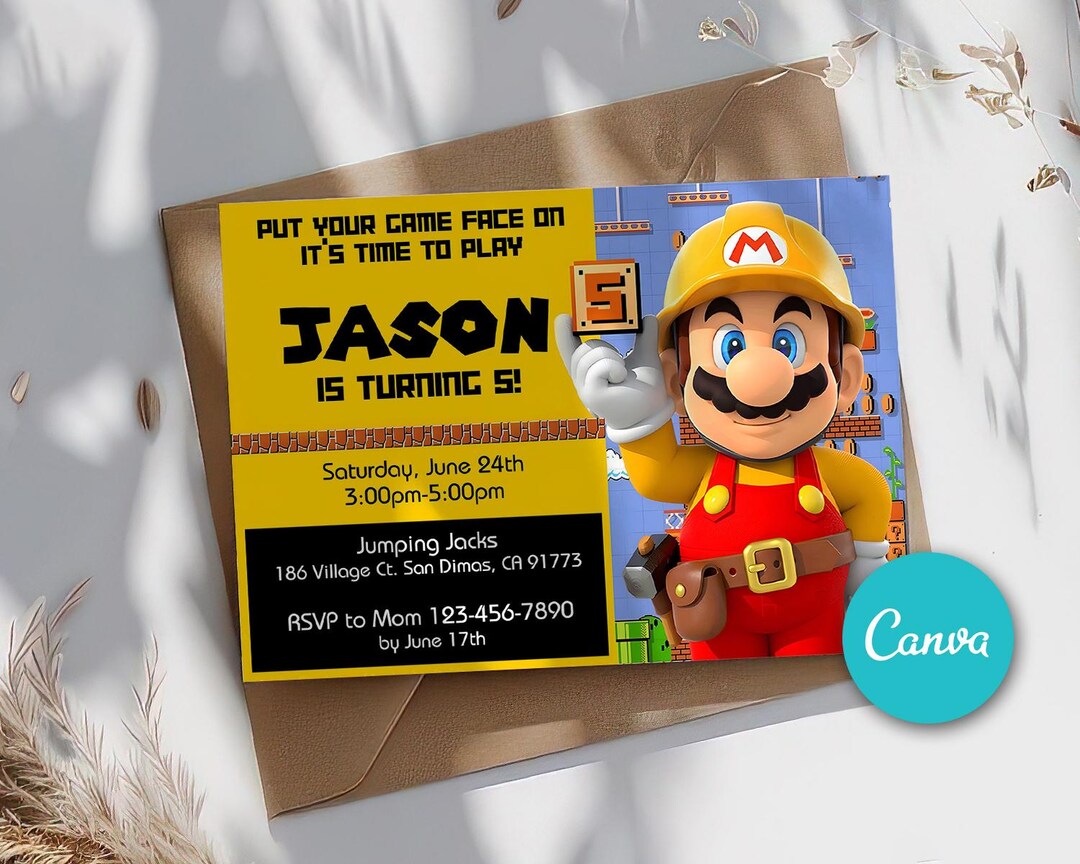 Editable Super Mario Birthday Invitation: Canva Template (5x7 Inch ...
