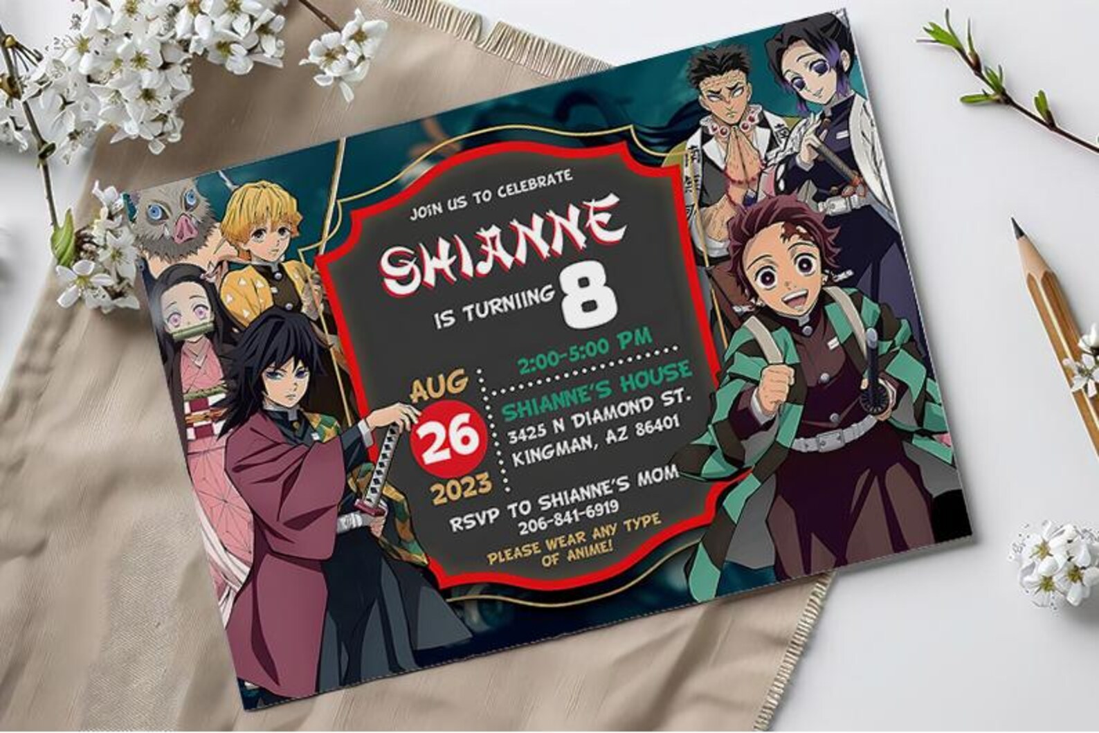 Demon Slayer Birthday Invitation, Anime Kids Party Invite, Editable ...