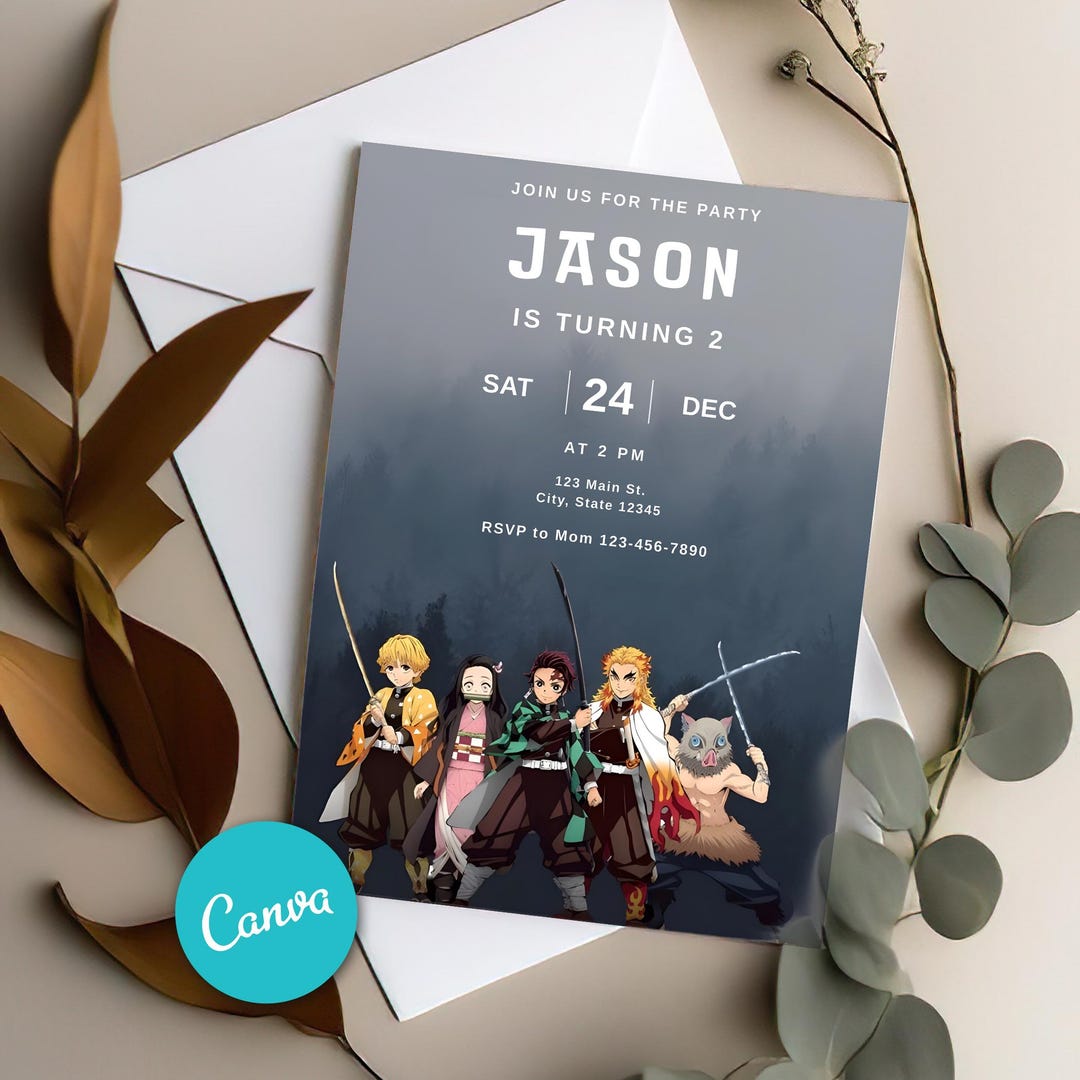 Demon Slayer Birthday Invitation, Anime Kids Party Invite, Editable ...