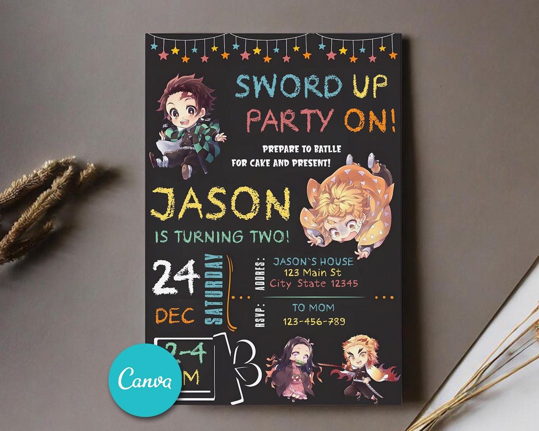 Demon Slayer Birthday Invitation, Anime Kids Party Invite, Editable ...