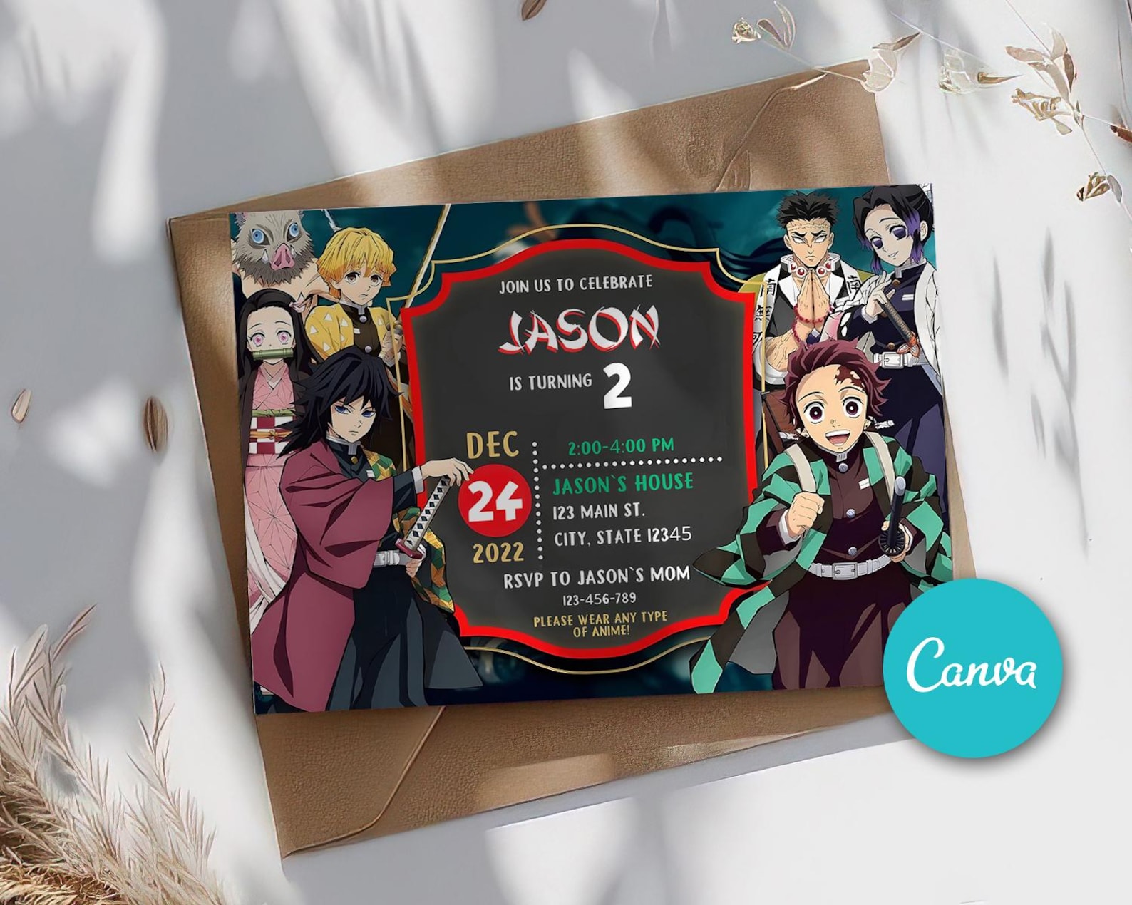 Demon Slayer Birthday Invitation, Anime Kids Party Invite, Editable ...
