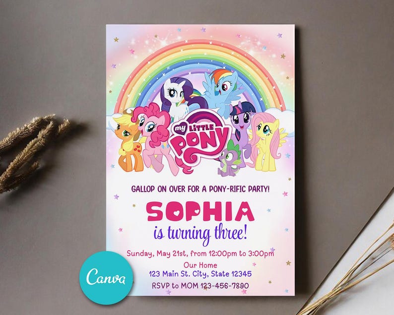 My Little Pony Birthday Invitation, Girls Bday Card, Editable Canva ...